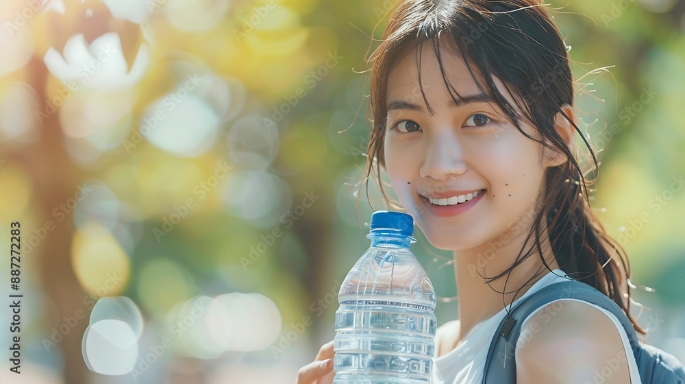 Young Woman Drinking Water bottle outdoor park traveler Asian female ...