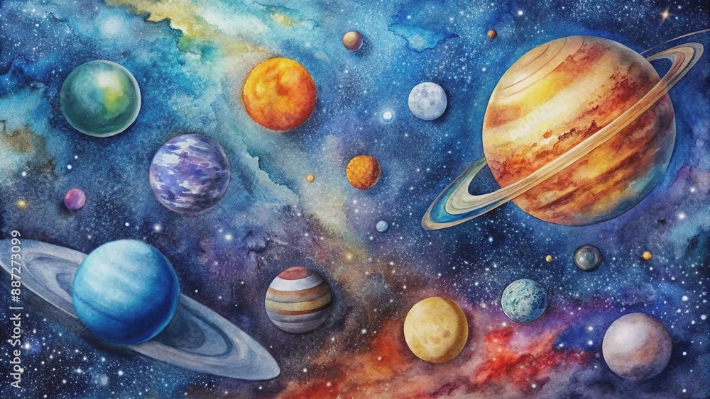 Watercolor poster featuring isolated planets of the solar system ...