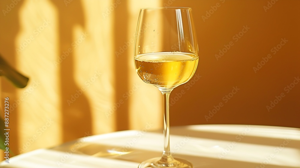 One wineglass with white wine sparkling at sunlight beige background ...