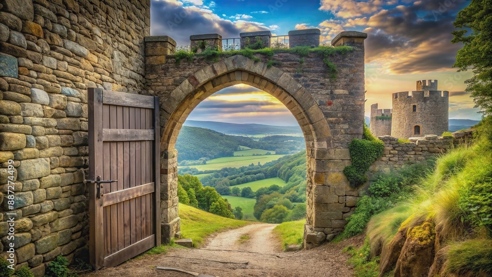 Ancient castle with medieval door gate and stone walls against scenic ...