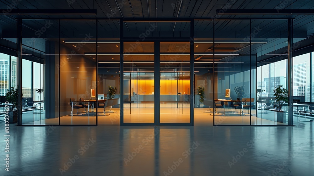 An empty office space with a black ceiling a glass office without ...