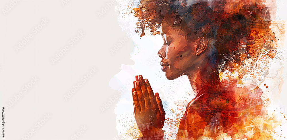 Stunningly pretty young african american black woman praying with her hands clasped, profile ...