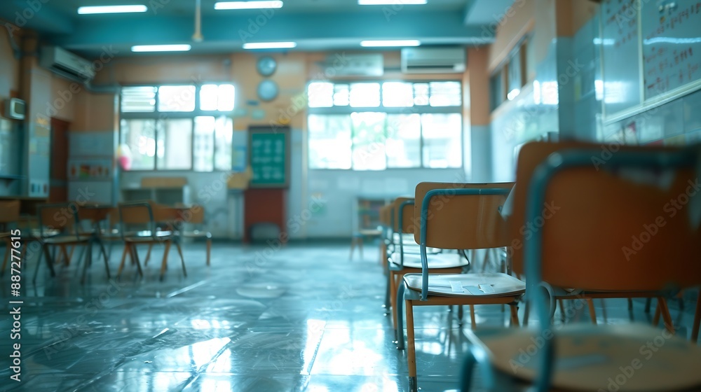 School classroom in blur background without young student Blurry view ...