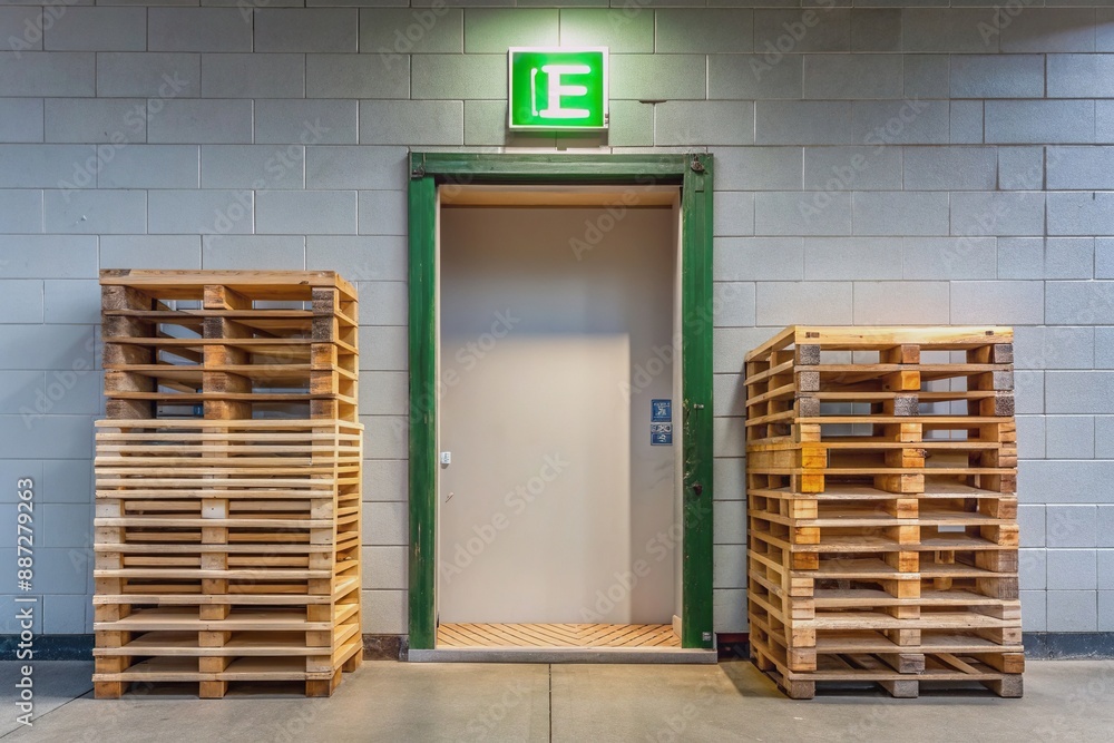Blocked fire exit with pallets and wood, emergency, danger, evacuation ...