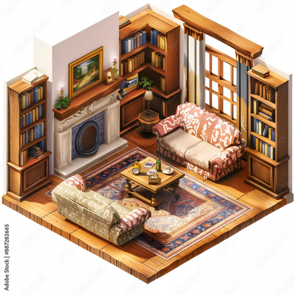 Arts and crafts style living room, cutaway isometric low poly art, 3d ...