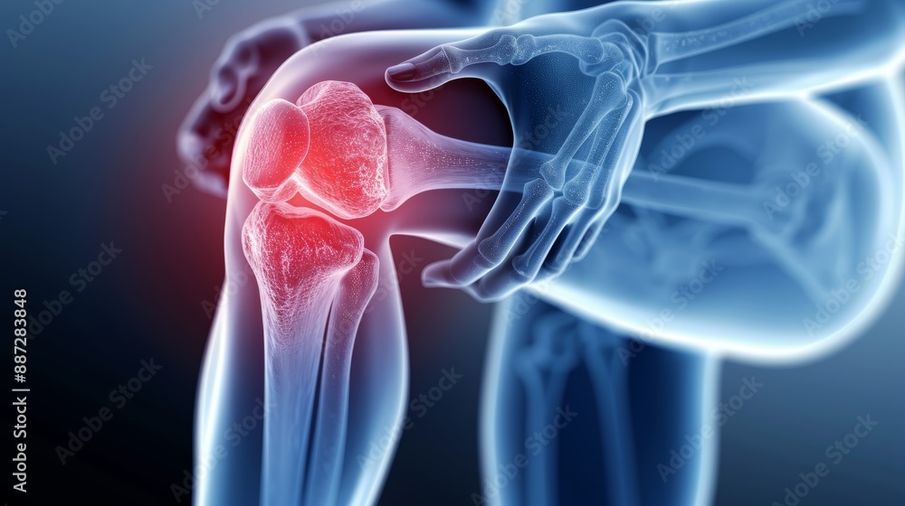 X-ray image of a human knee joint with highlighted pain area, depicting ...