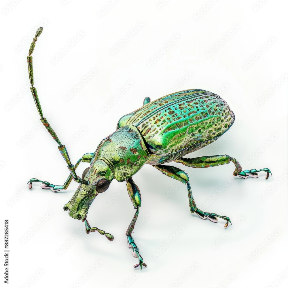 A shimmering metallic green weevil with elongated snout and finely ...
