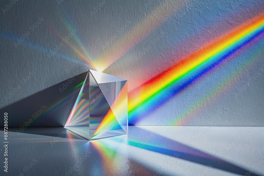 Crystal prism rainbow light refracting on white wall background with ...