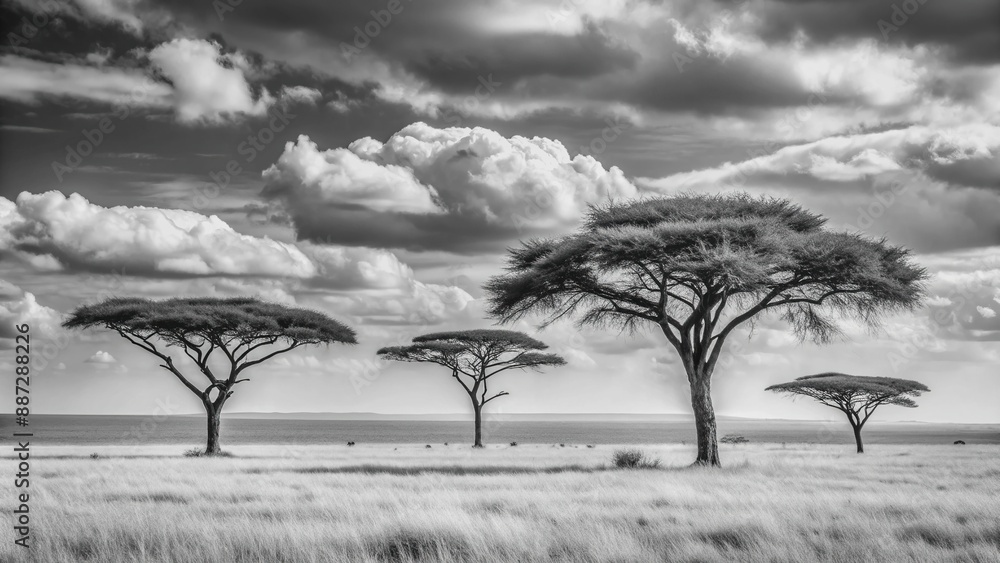 Kenyan trees in Savanna depicted in black and white, wildlife, African ...