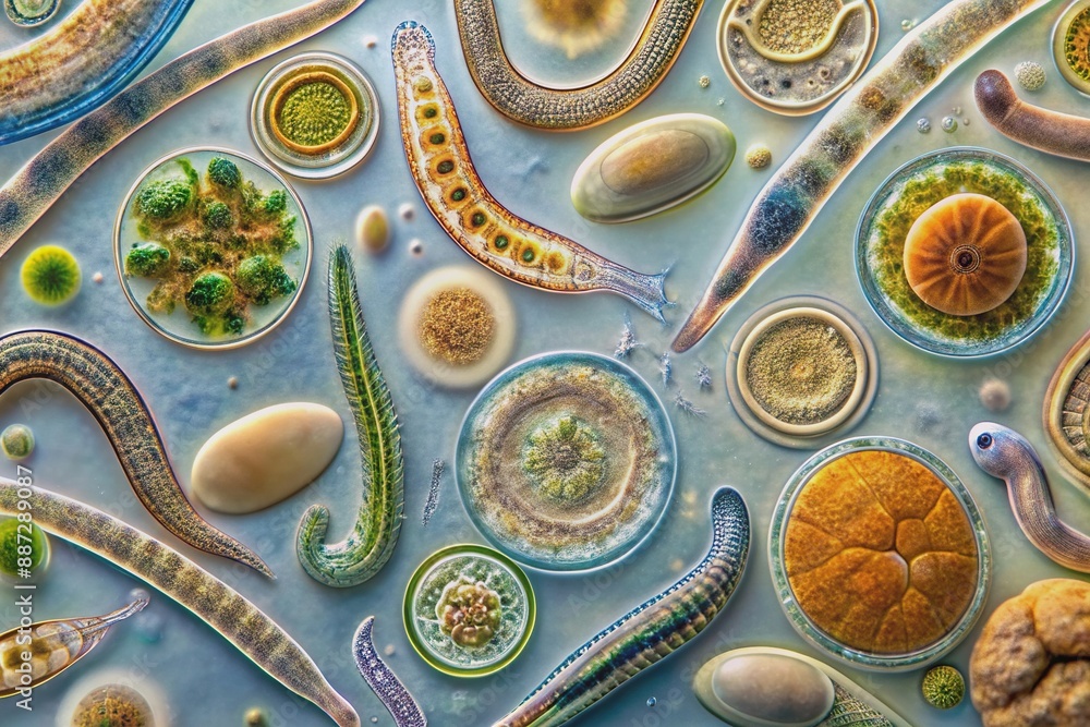 Close-up of various microscopic parasitic life cycle stages such as ...