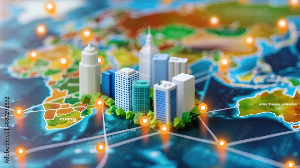 Conceptual image of global business network with miniature skyscrapers ...