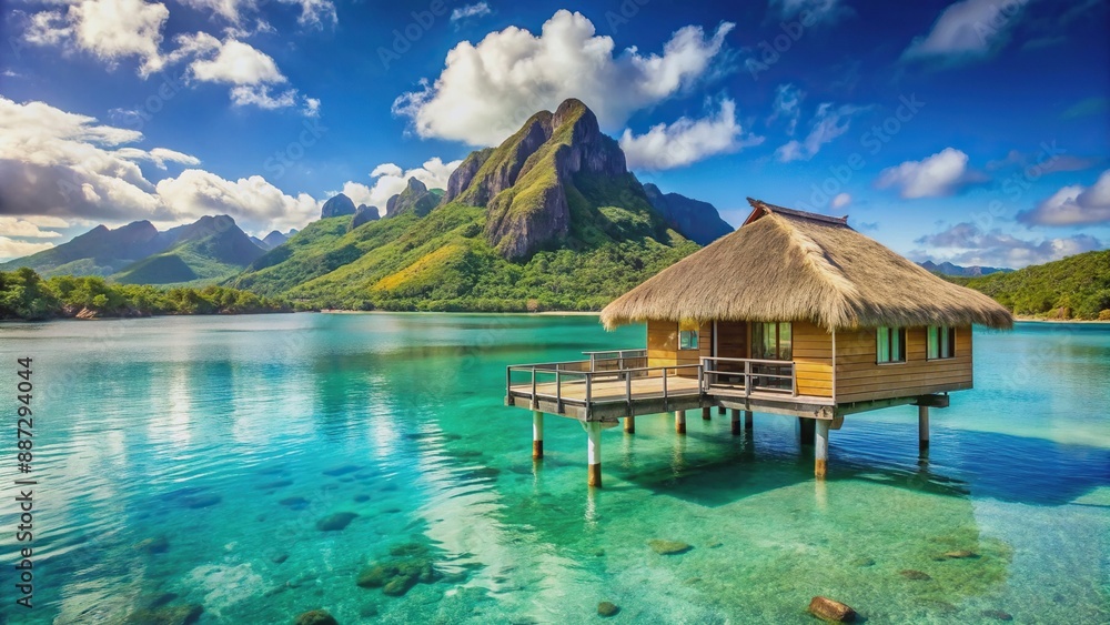 Tropical overwater bungalow with thatched roof overlooking crystal blue ...