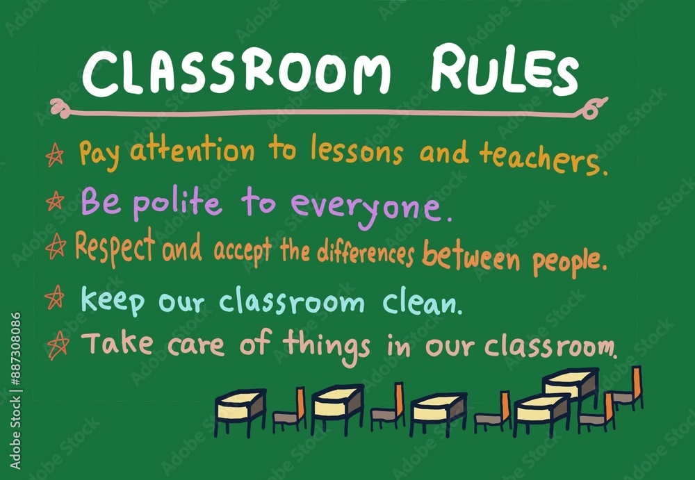 Hand drawn picture of classroom rules on green board, desks, chairs ...