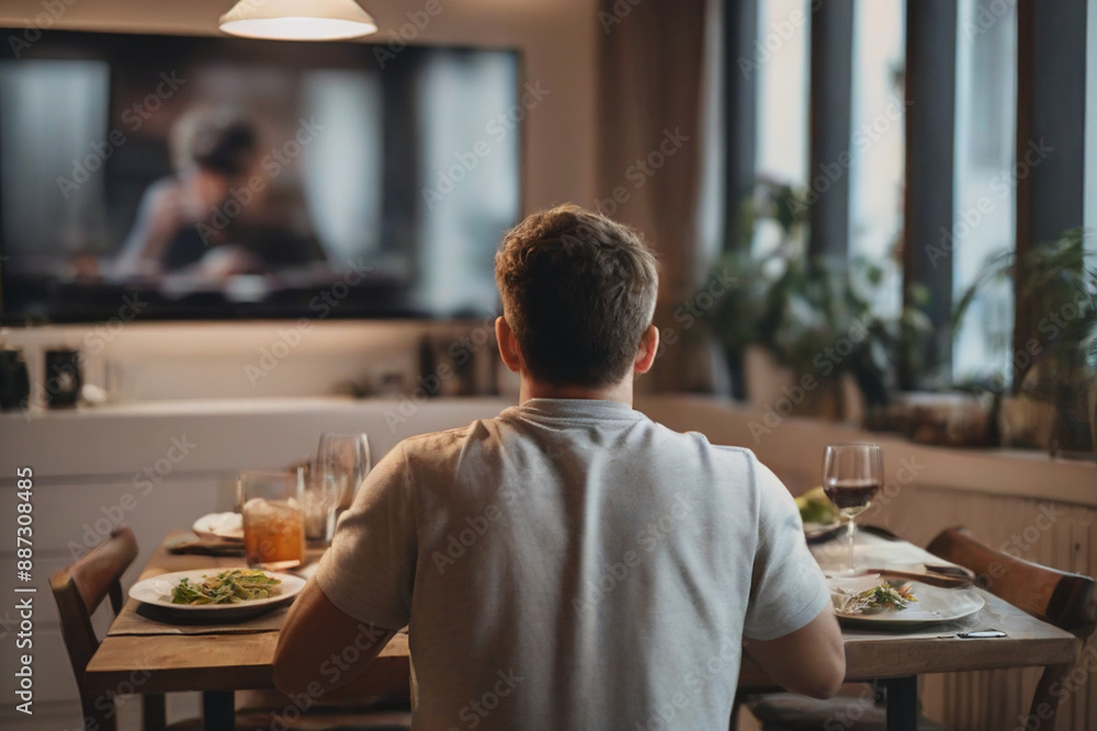 Man eating at home and sitting in front of TV alone. Table full of food ...
