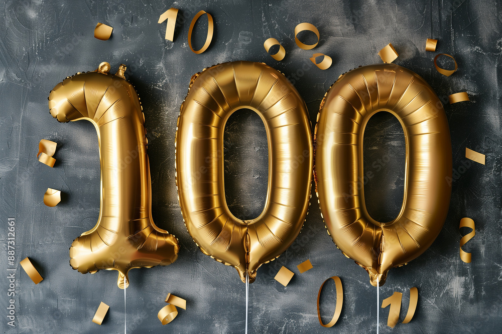 gold balloon with the number 100 on it. The balloon is large and has a ...