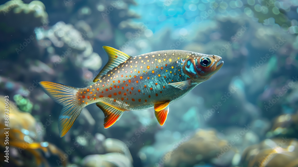 Spotted minnow fish in the ocean Below is a beautiful coral reef. The water was blue and the sun ...