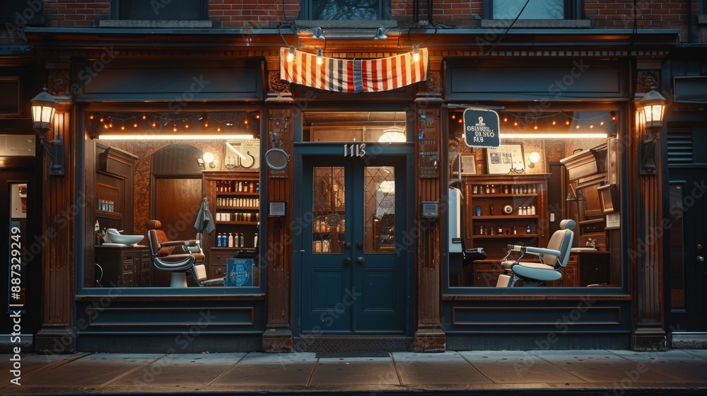 storefront of A traditional barber shop with a vintage barber pole ...