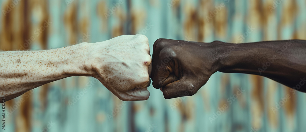 Closeup photo of two arms different race skin colors multinational friends antiracism issue help ...