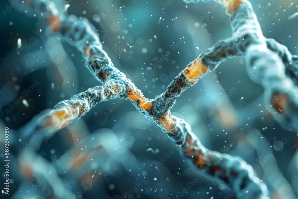 Telomeres: A close-up of DNA strands with telomeres at the ends ...