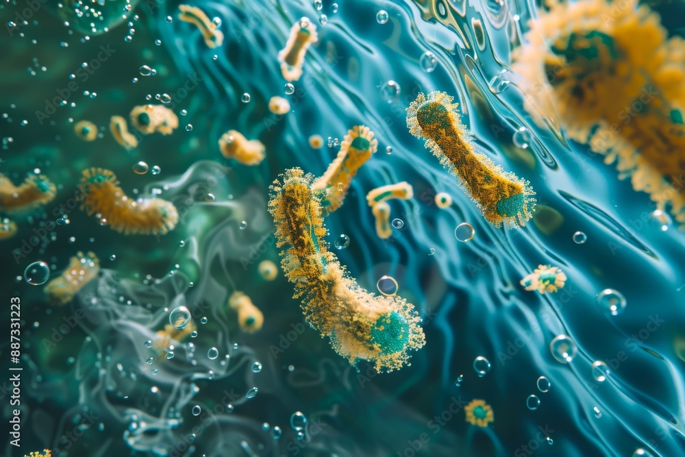 Waterborne Pathogens: A detailed image of harmful microorganisms in water, such as Vibrio ...