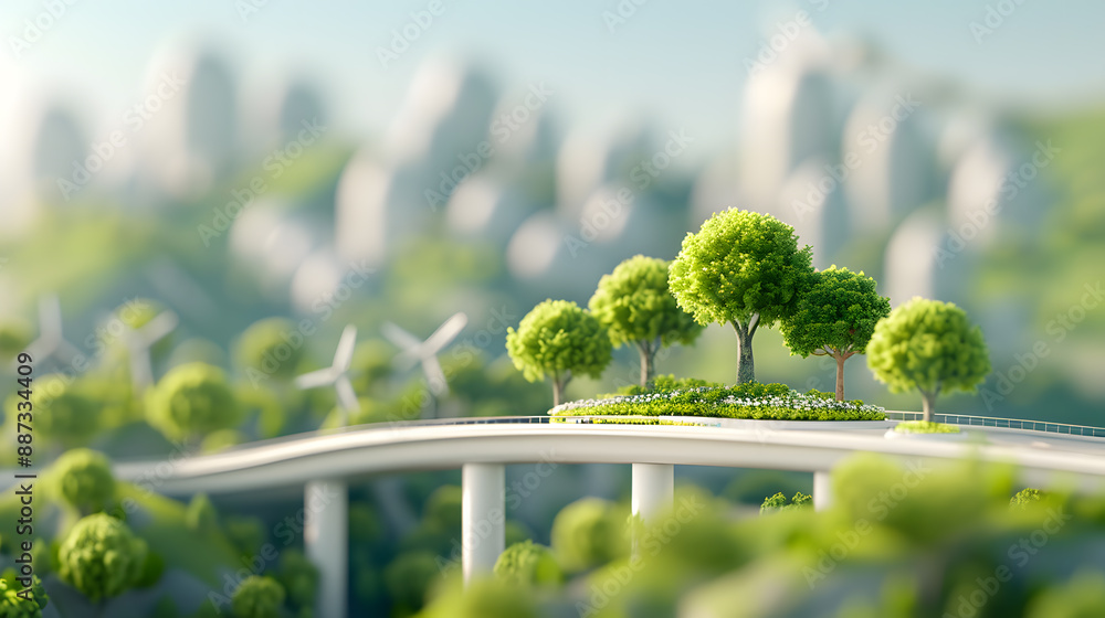An innovative transportation city model with trees and wind turbines ...