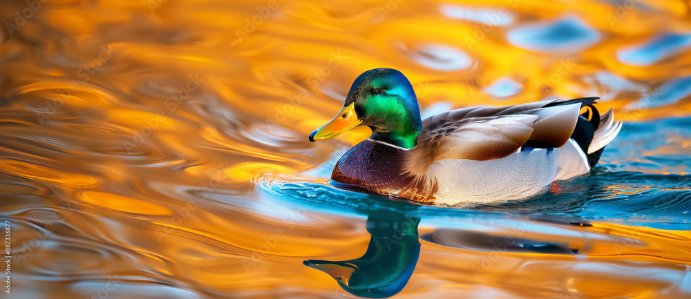 A wild duck gracefully glides through the tranquil waters of the serene ...