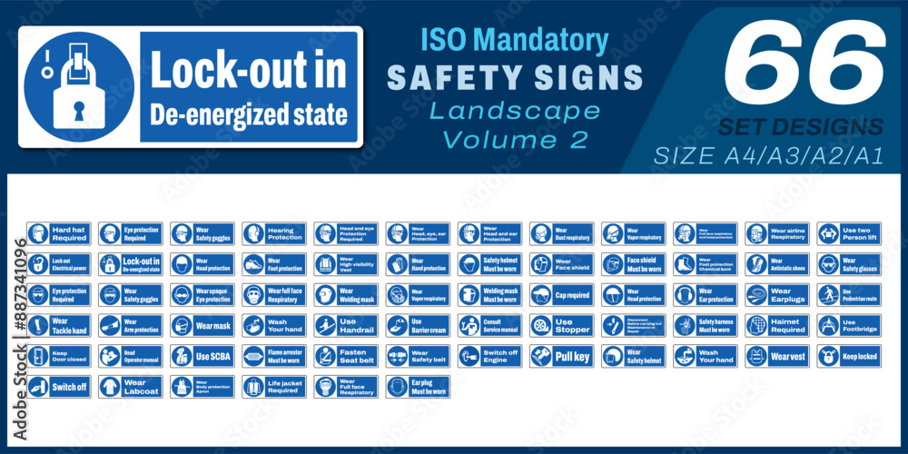 66 set iso mandatory safety signs v2 landscape size 1/2 a4,a3,a2,a1 ...