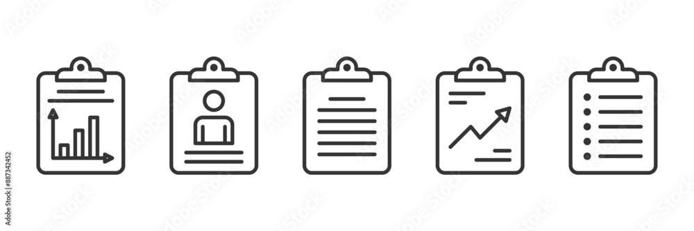Set of report line icons, clipboard with charts, person symbol, check ...