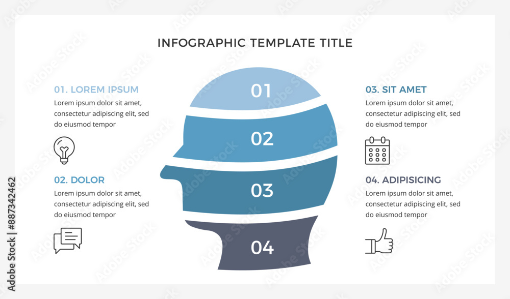 Infographic template with a male face divided into 4 parts, suitable ...