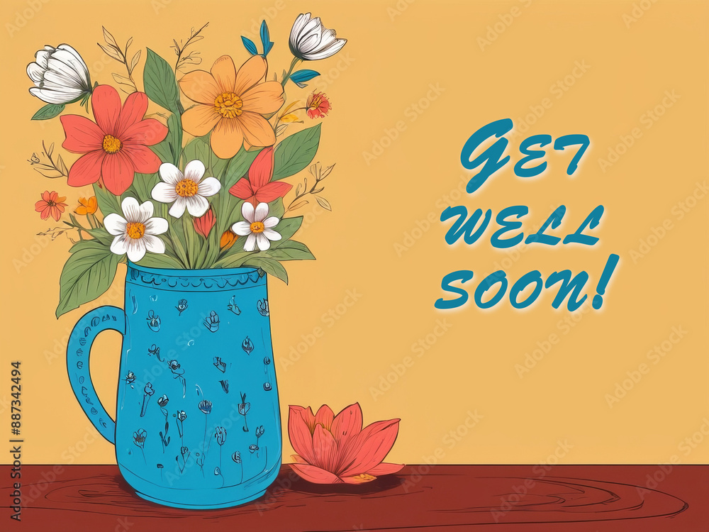 'Get well soon' greeting card with bouquet of hand-drawn flowers in a ...