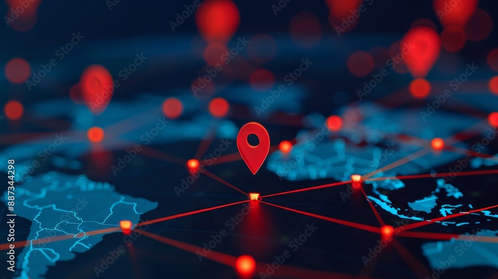 global network connection concept - red pin on world map with ...