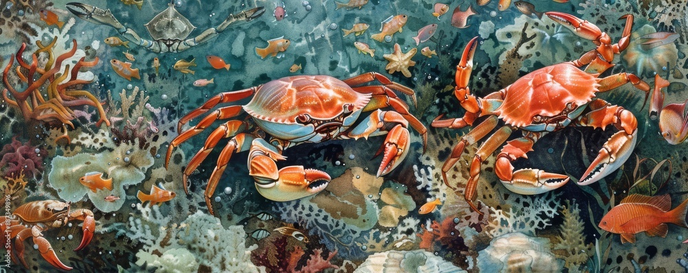 Vibrant underwater scene featuring two orange crabs amidst colorful ...
