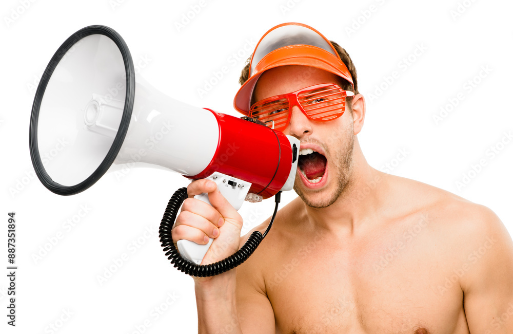 Megaphone, portrait and shouting with lifeguard man in studio isolated ...