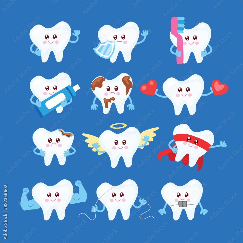 Vetor de Set of cute teeth dental icon set. Dentist white tooth mascot ...