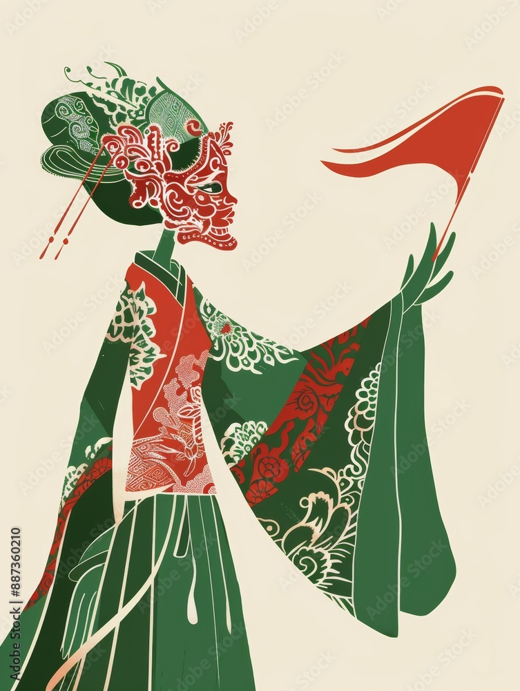 A shadow puppet figure of an ancient woman in green , with red and ...