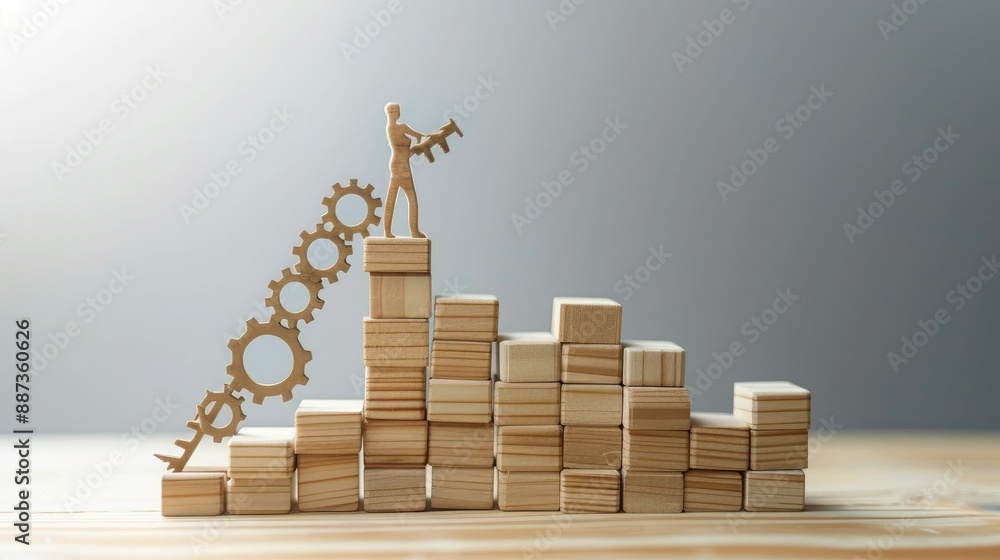 White background with wooden blocks, upward arrow, growth chart, and ...