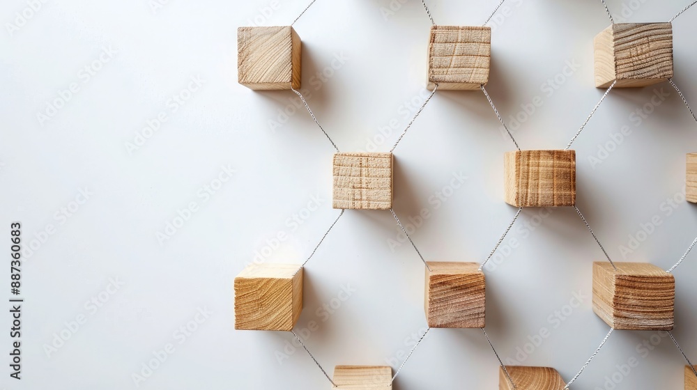 White background with wooden blocks depicting a network graph for ...