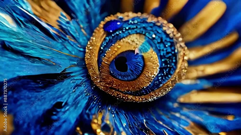 The feather features deep blues and yellows that shimmer with light. At ...