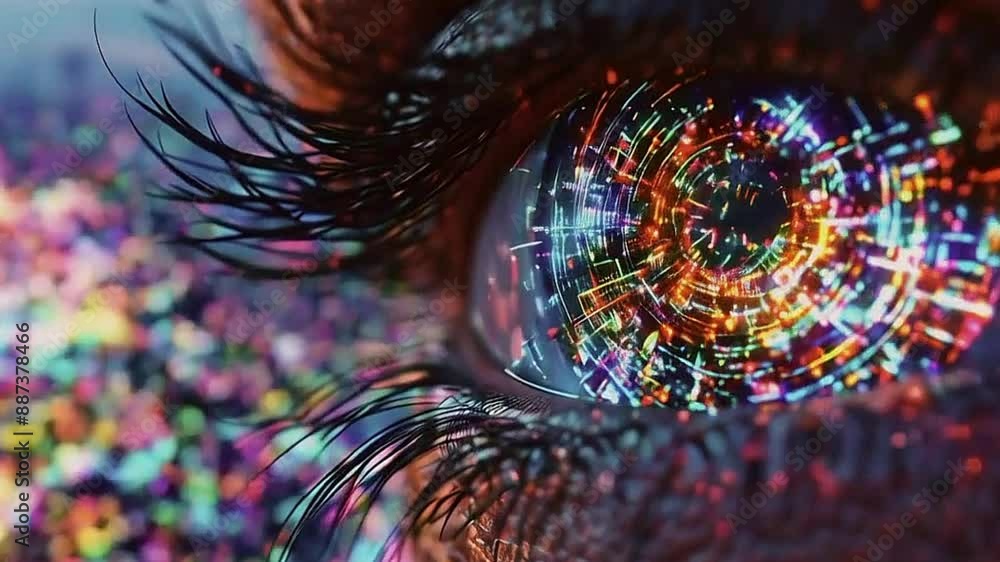 Zoom into a digital eye, transitioning to a boundless virtual landscape ...