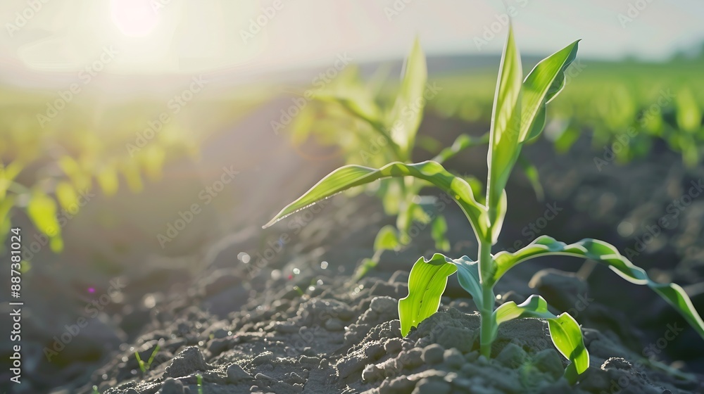 Maize seedling in cultivated agricultural field with graphic concepts ...