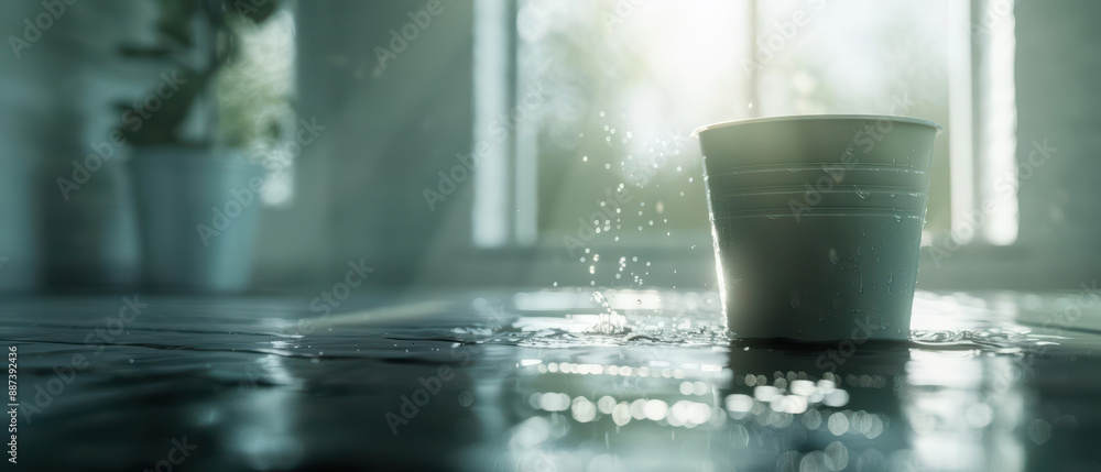 Buckets catching water from a leaking roof in a living room, visible ...