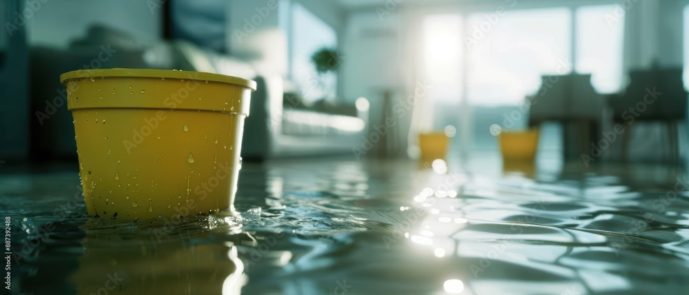Buckets catching water from a leaking roof in a living room, visible ...