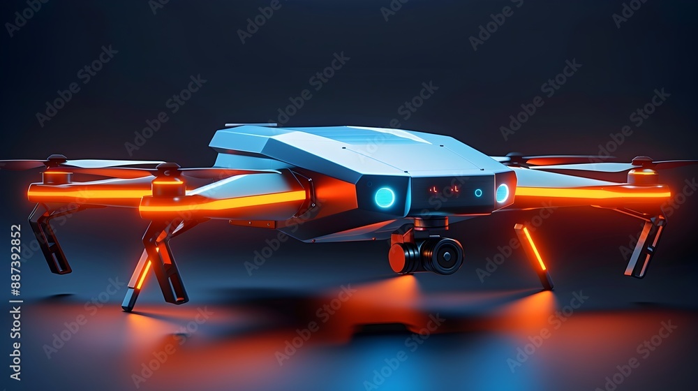 Autonomous delivery drone with a streamlined aerodynamic frame glowing ...