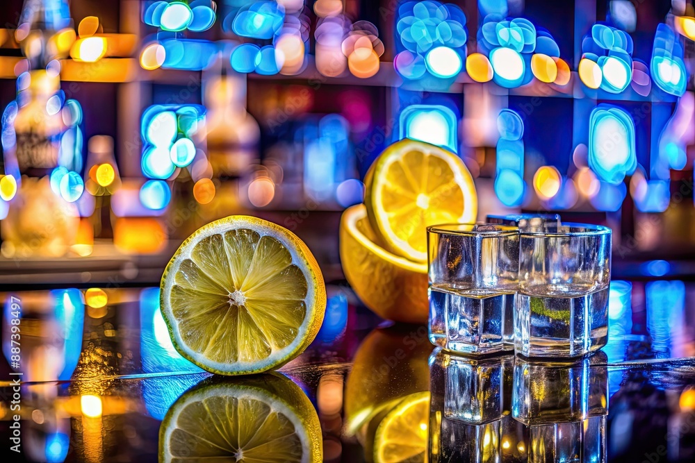 Vibrant nightlife backdrop with dimly lit bar counter, sleek ice cubes ...