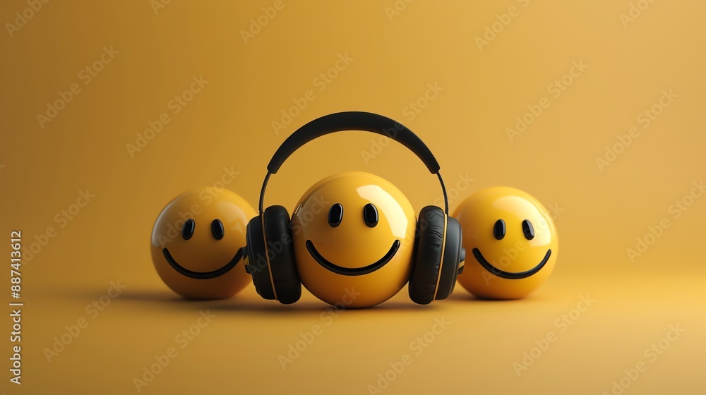 ภาพประกอบสต็อก Set of three happy smiley face emojis with headphones ...