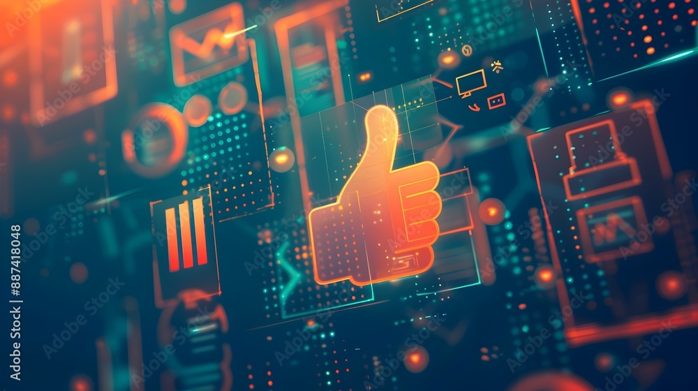 of a thumbs down icon floating amidst a collage of fragmented digital ...