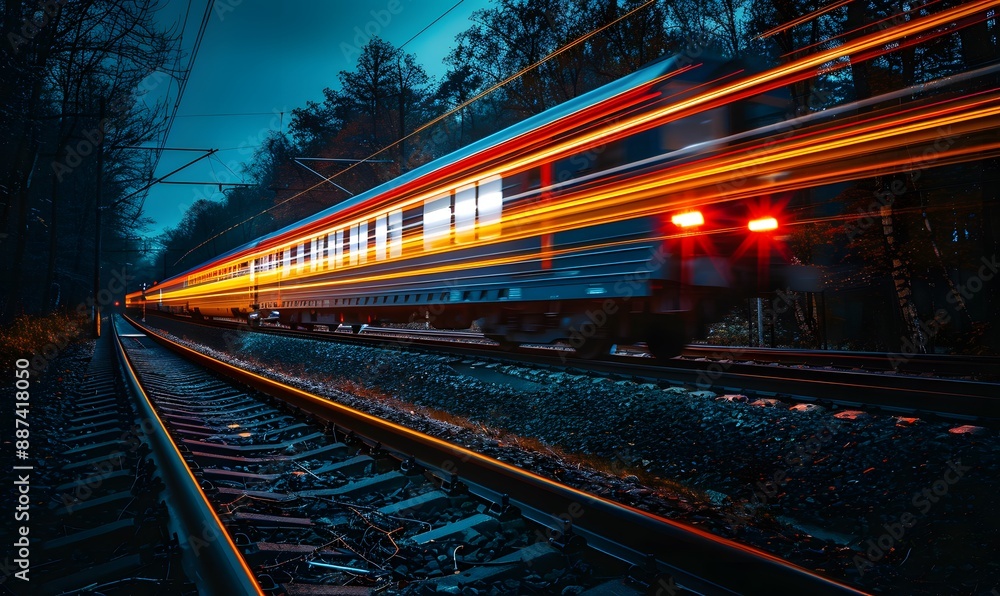 Long exposure shot of a cargo train at night, with light trails from ...