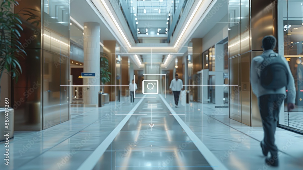 A security camera feed showing the lobby of a large, modern office ...