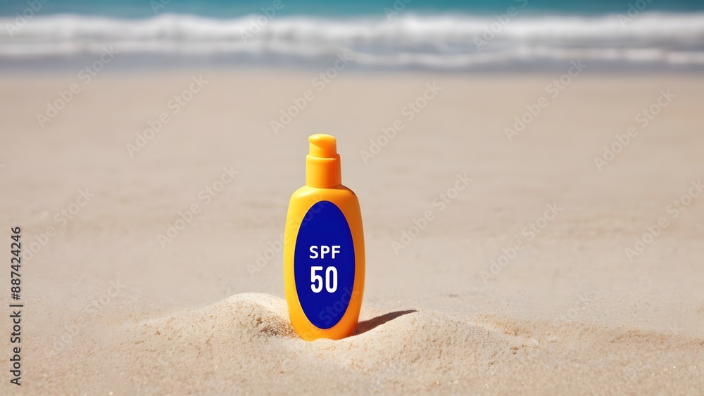 Sunscreen lotion bottle with text note SPF 50, on the sand under sunny ...