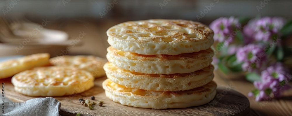 Crumpet cooking flat design side view theme British baking 3D render ...